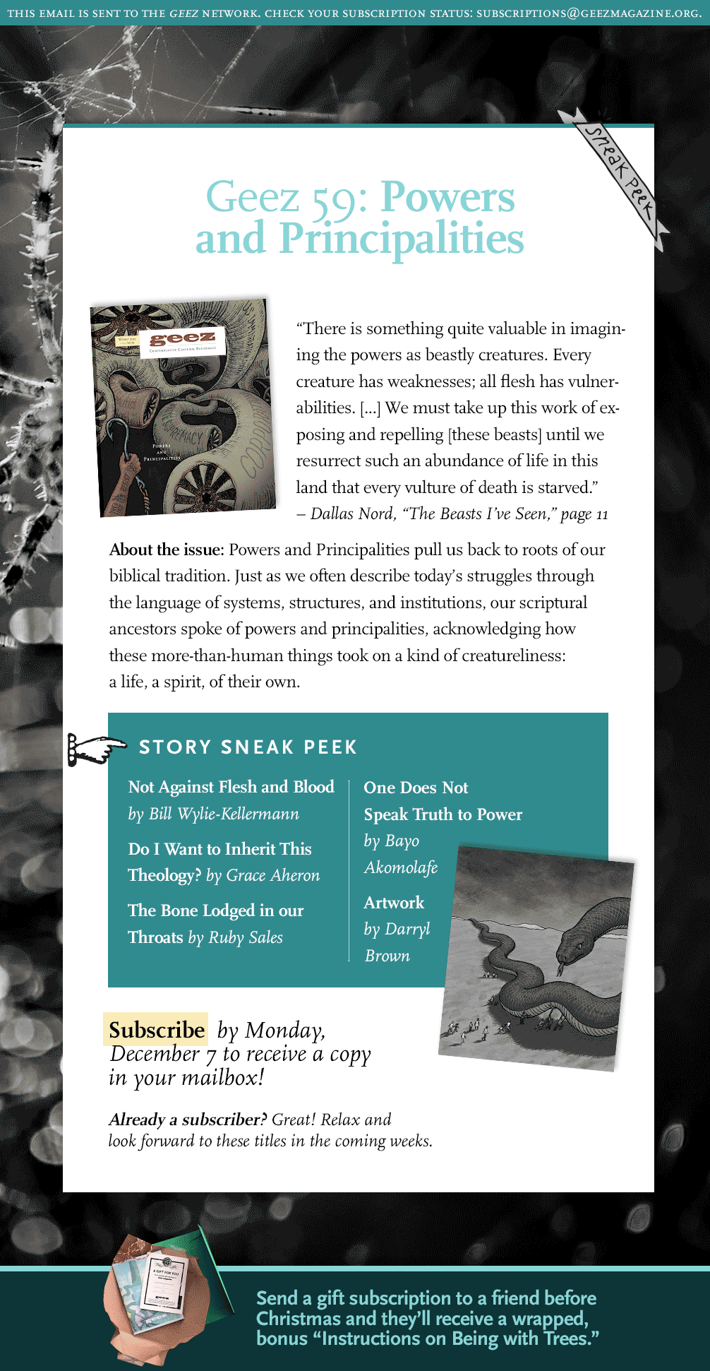 Upcoming Issue – Geez 59: Powers and Principalities | Geez Magazine