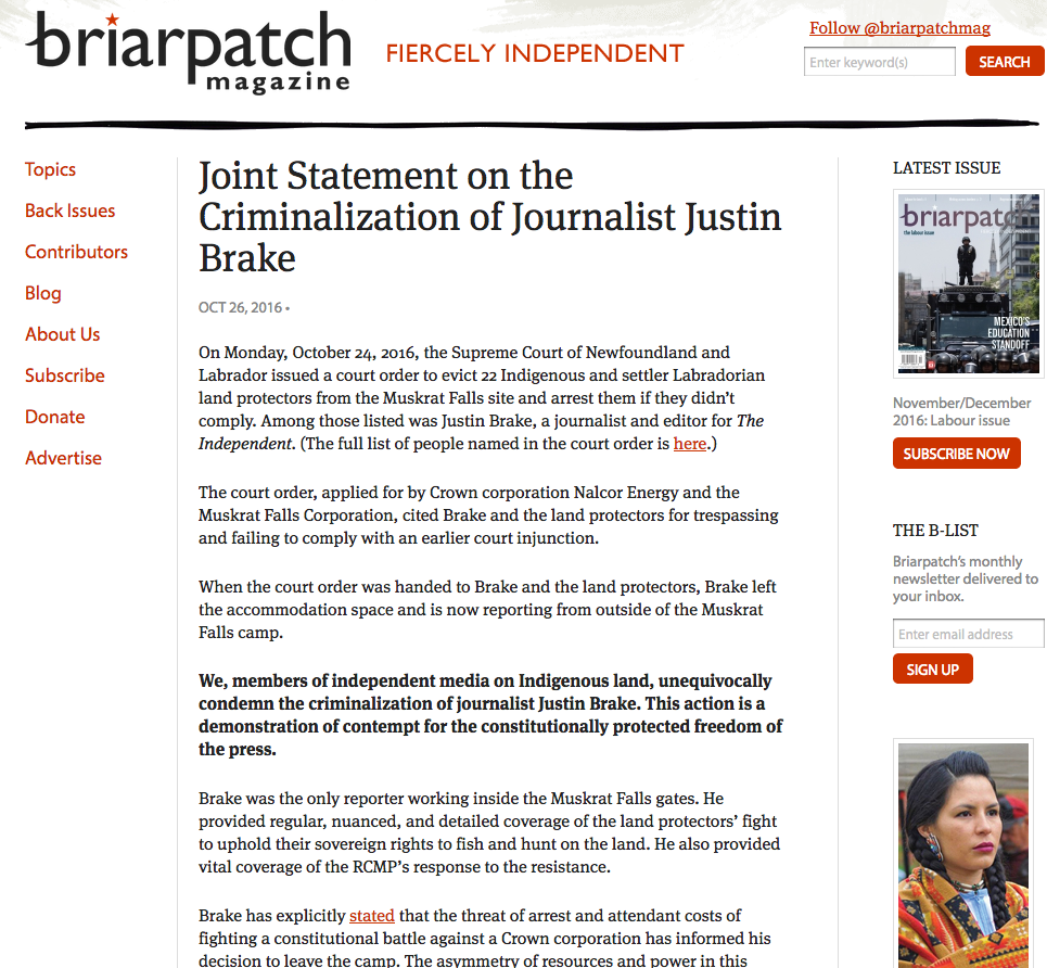 Joint statement against criminalization of journalist Justin Brake ...