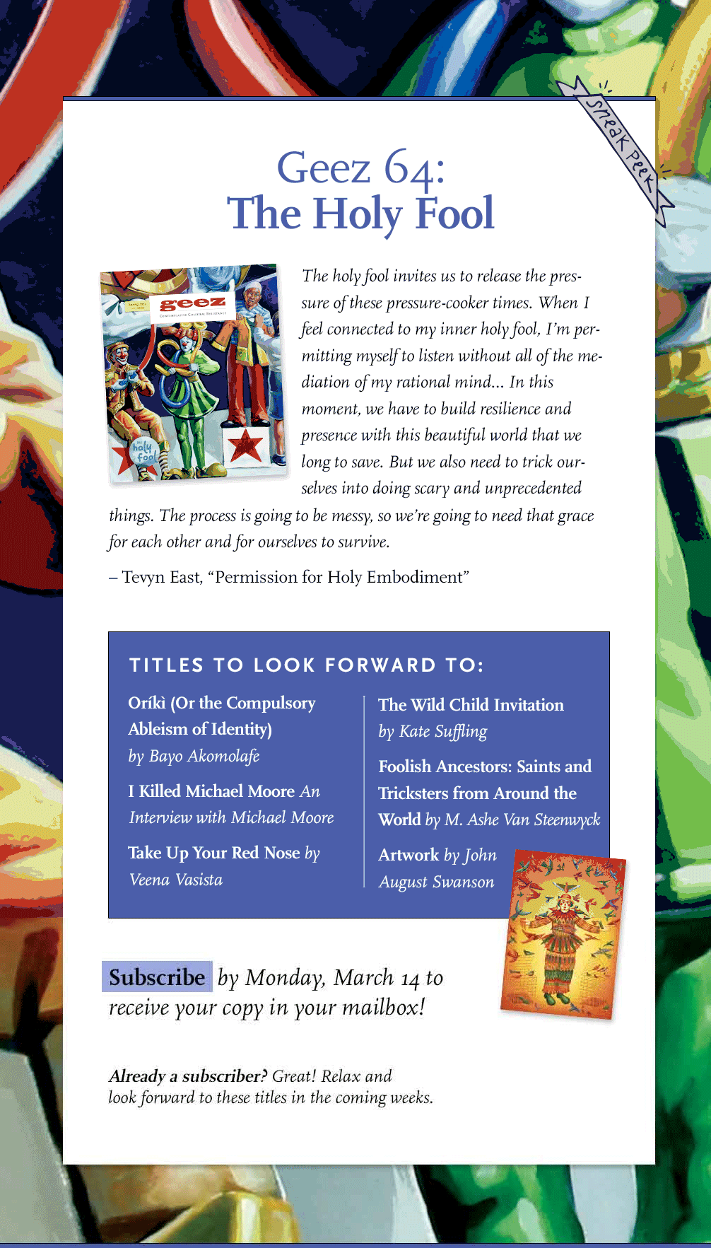 Upcoming Issue – Geez 64: Holy Fool | Geez Magazine