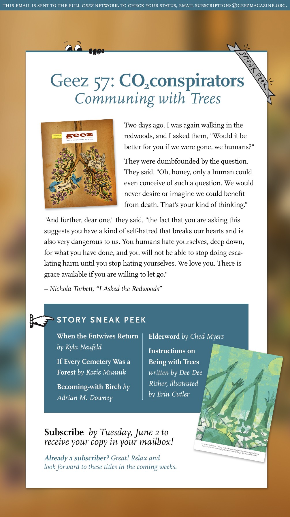 Upcoming Issue – Geez 57: CO₂conspirators: Communing with Trees | Geez ...